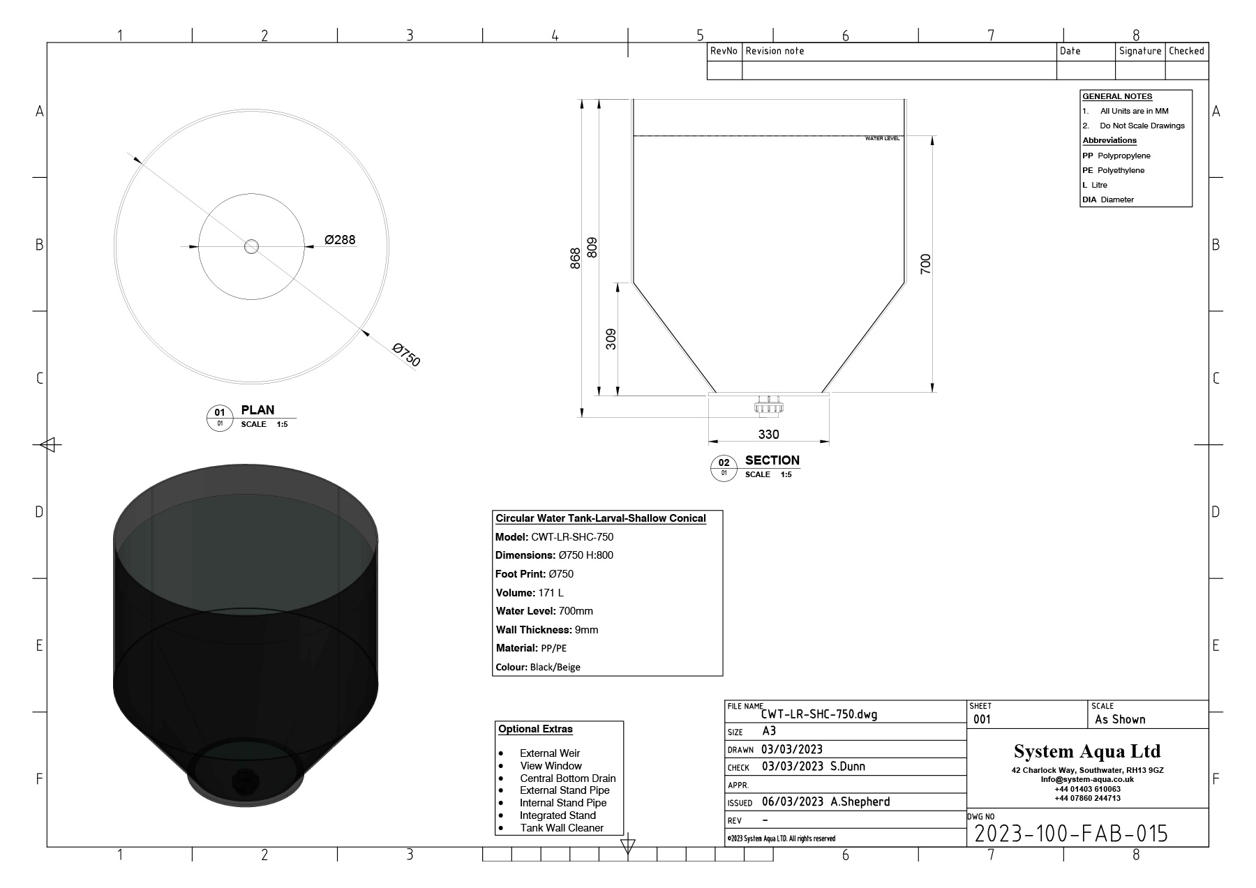 System Aqua Conical Shallow Larval Tanks - CWT-LR-SHC-750 - System Aqua